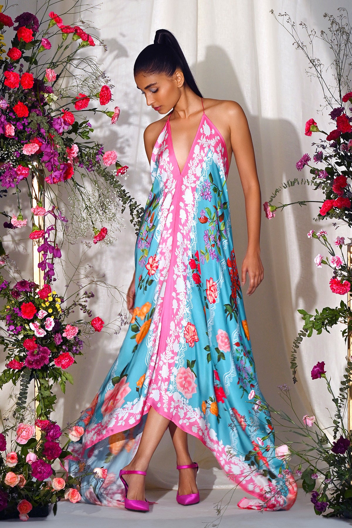 Women's Conscious Aqua Multi Floral Scarf Goa Dress - Verandah