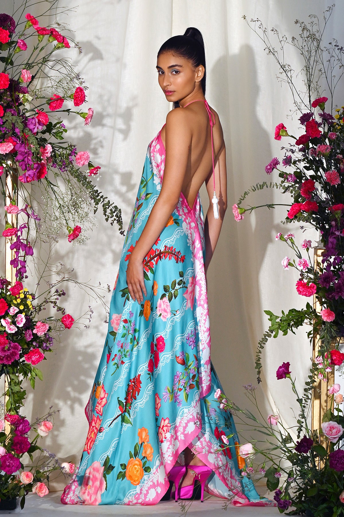 Women's Conscious Aqua Multi Floral Scarf Goa Dress - Verandah