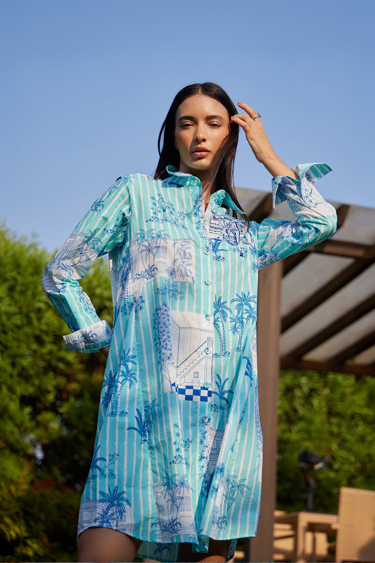 Women's 100% Cotton Blue Studio Stripe Multiway Shirt Dress - Verandah