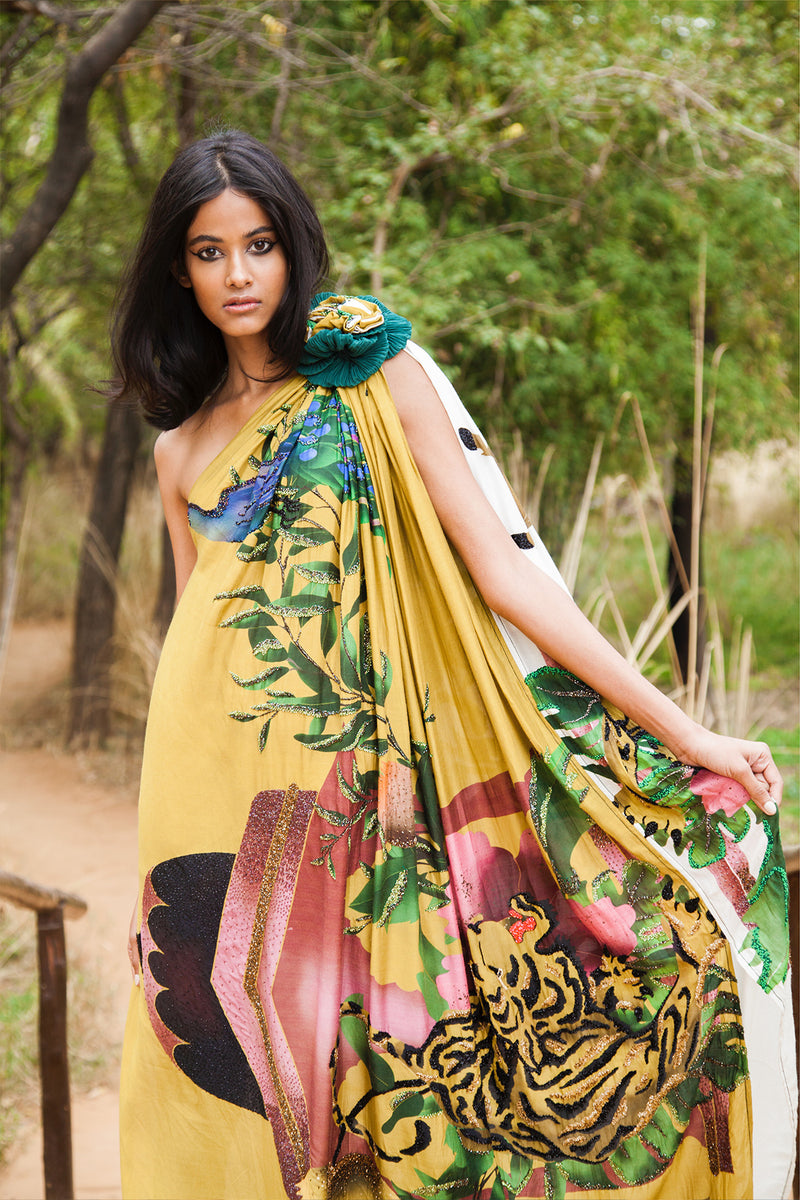 Women's Conscious Tiger Panel Print Hand Beaded Toga Gown - Verandah