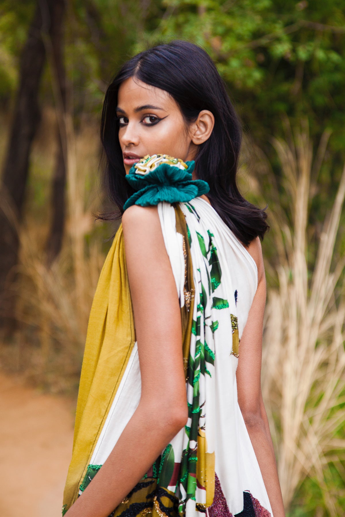 Women's Conscious Tiger Panel Print Hand Beaded Toga Gown - Verandah