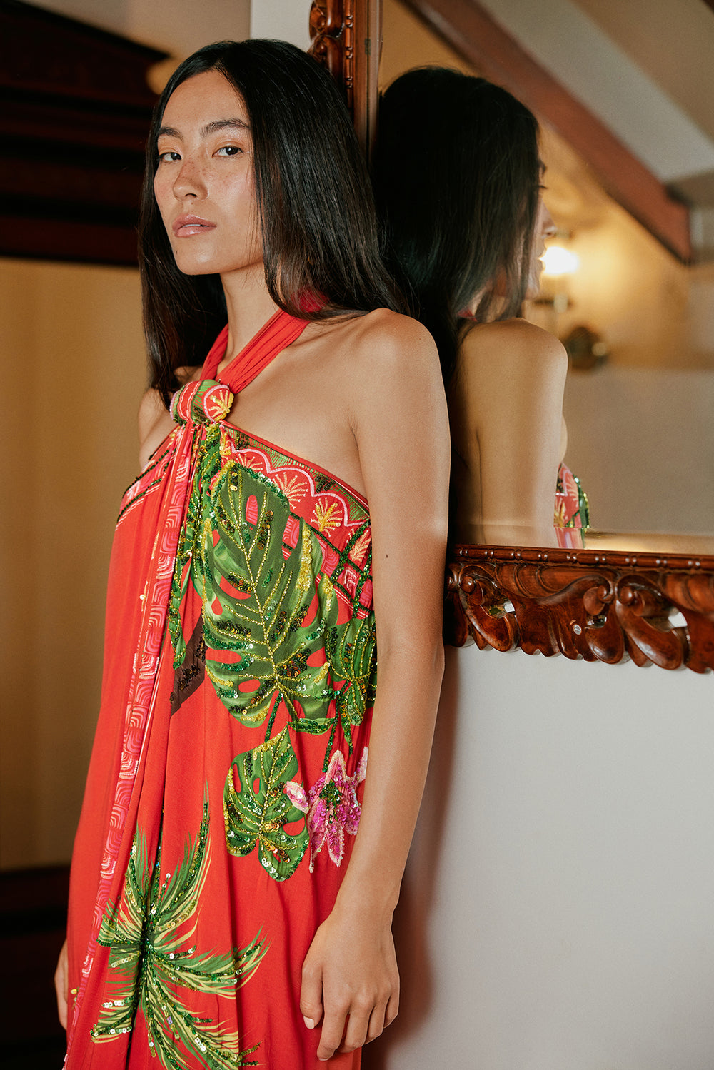 Women's Hand Beaded Rust Palm & Lily Verandah Halter Maxi - Verandah